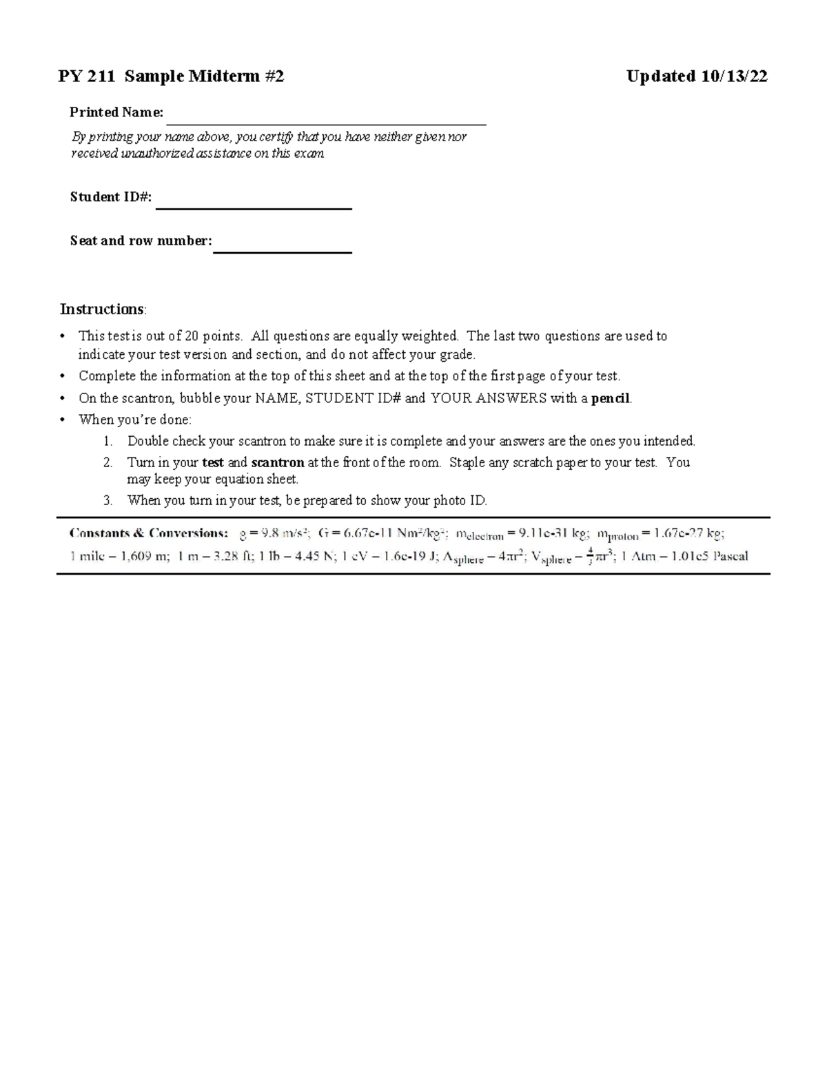 PY211 - Updated Sample Midterm Exam 2 Questions and Instructions - Studocu