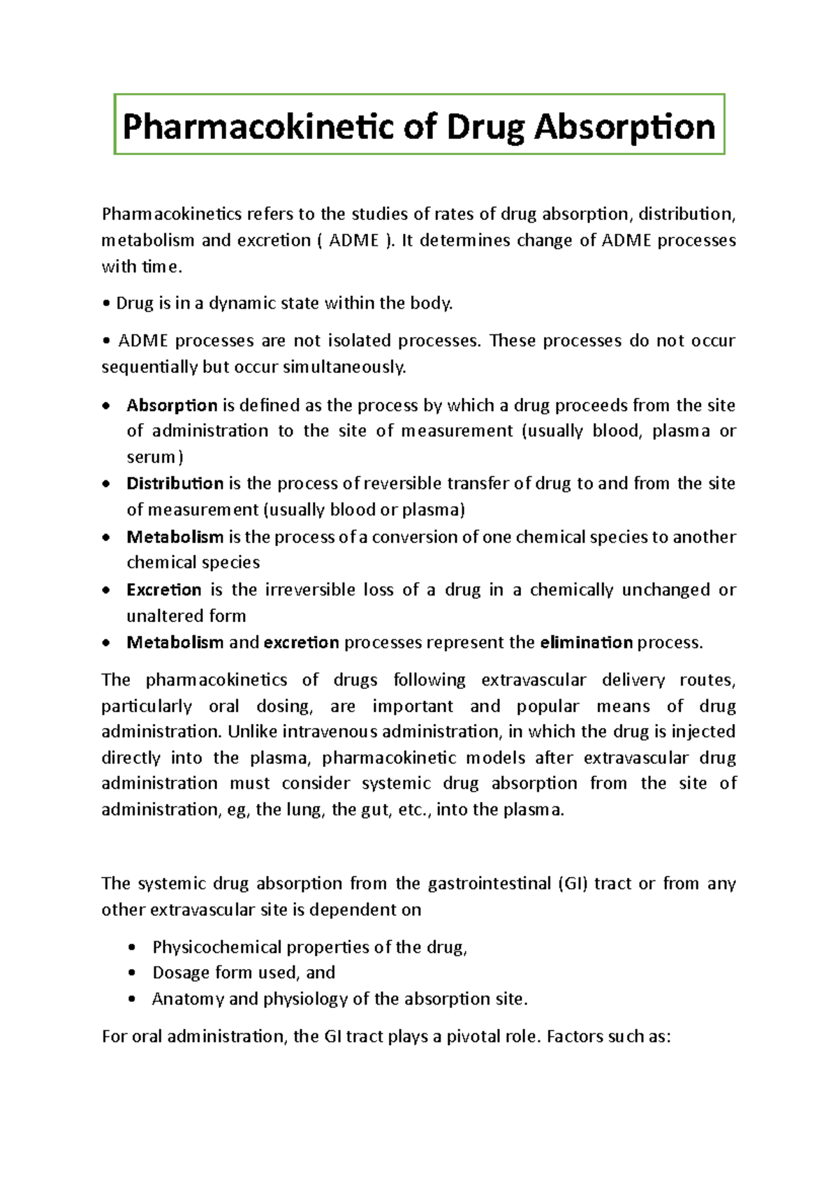 Pharmacokinetics of Drug Absorption: Key Concepts and Models - Studocu