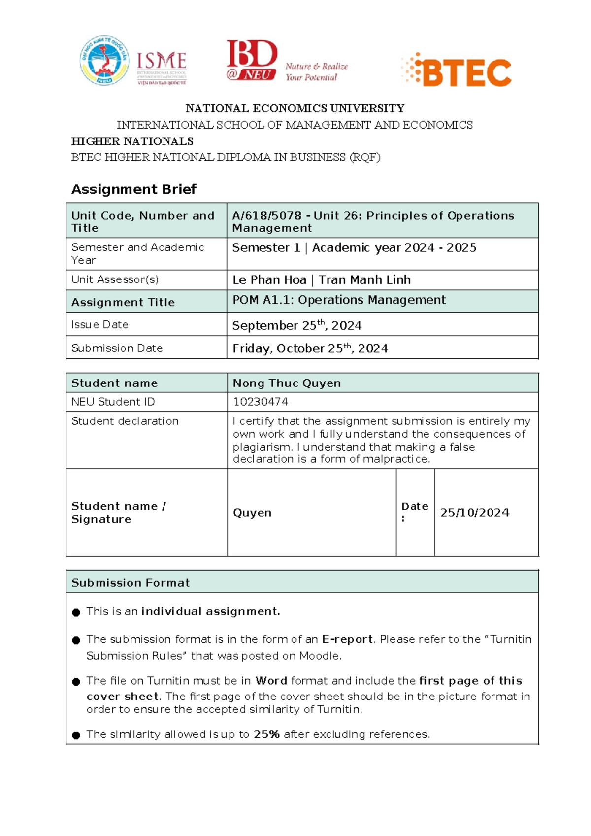 POM A1: Operations Management Assignment Brief - Sem 1 2024-2025 - Studocu