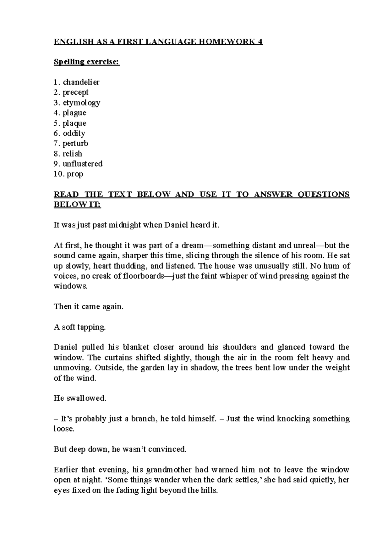 ENGLISH AS A FIRST LANGUAGE HW 4: Spelling & Comprehension Exercise ...