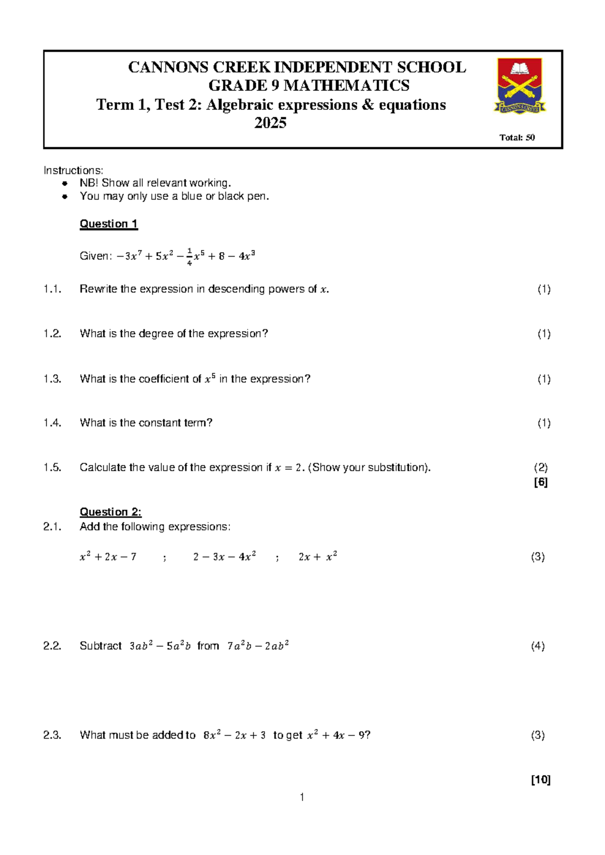 CANNONS CREEK GRADE 9 MATH Term 1 Test 2: Algebraic Expressions - Studocu