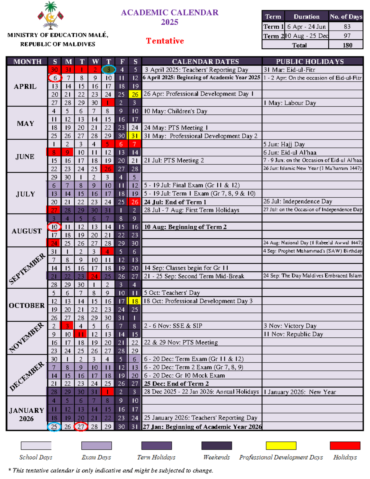 Academic Calendar 2025 (Tentative) - Ministry of Education, Maldives ...