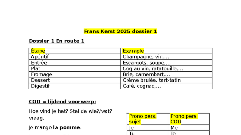 Frans Kerst 2025 Dossier 1: En Route 1 Étape Apéritif à Digestif - Studocu