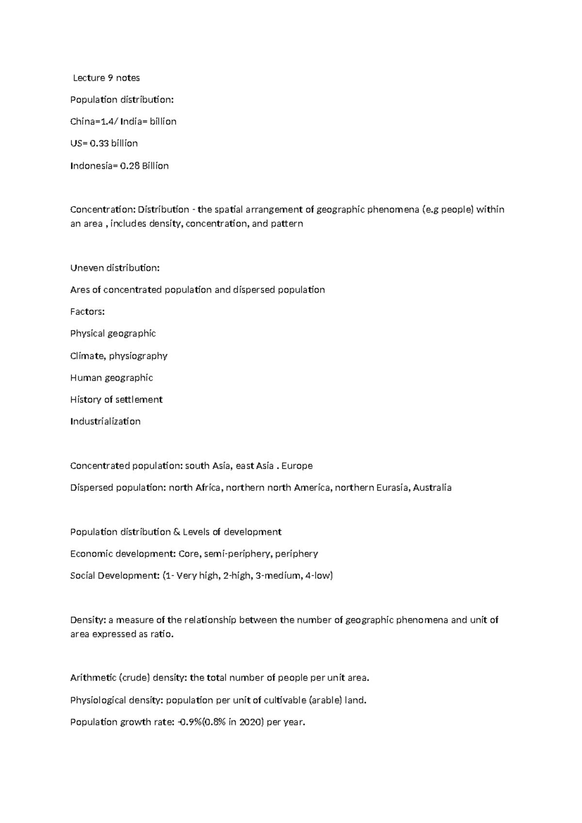 Lecture 9 Notes: Population Distribution & Density Factors (GEOG 101 ...