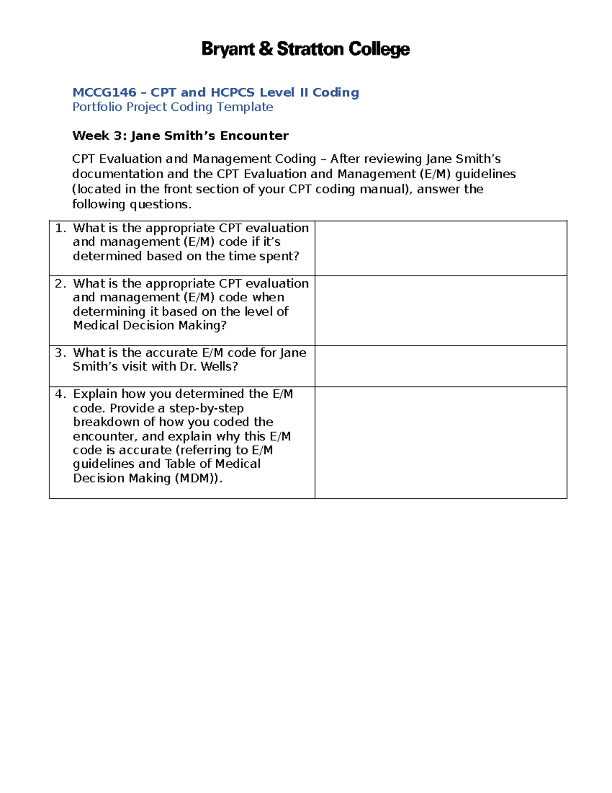 Mccg146 Cpt Hcpcs Level Ii Coding Portfolio Project Week 3 4