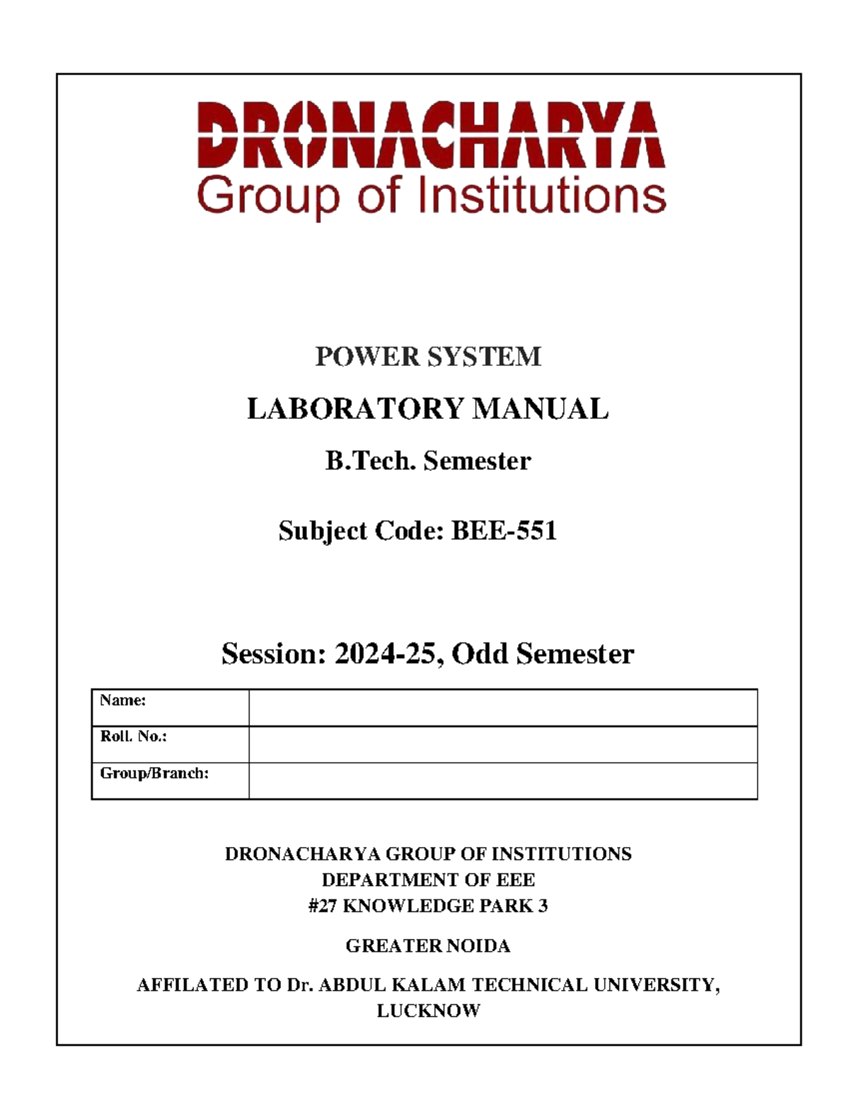 BEE551 Power System Lab Manual - Odd Semester Guide - Studocu