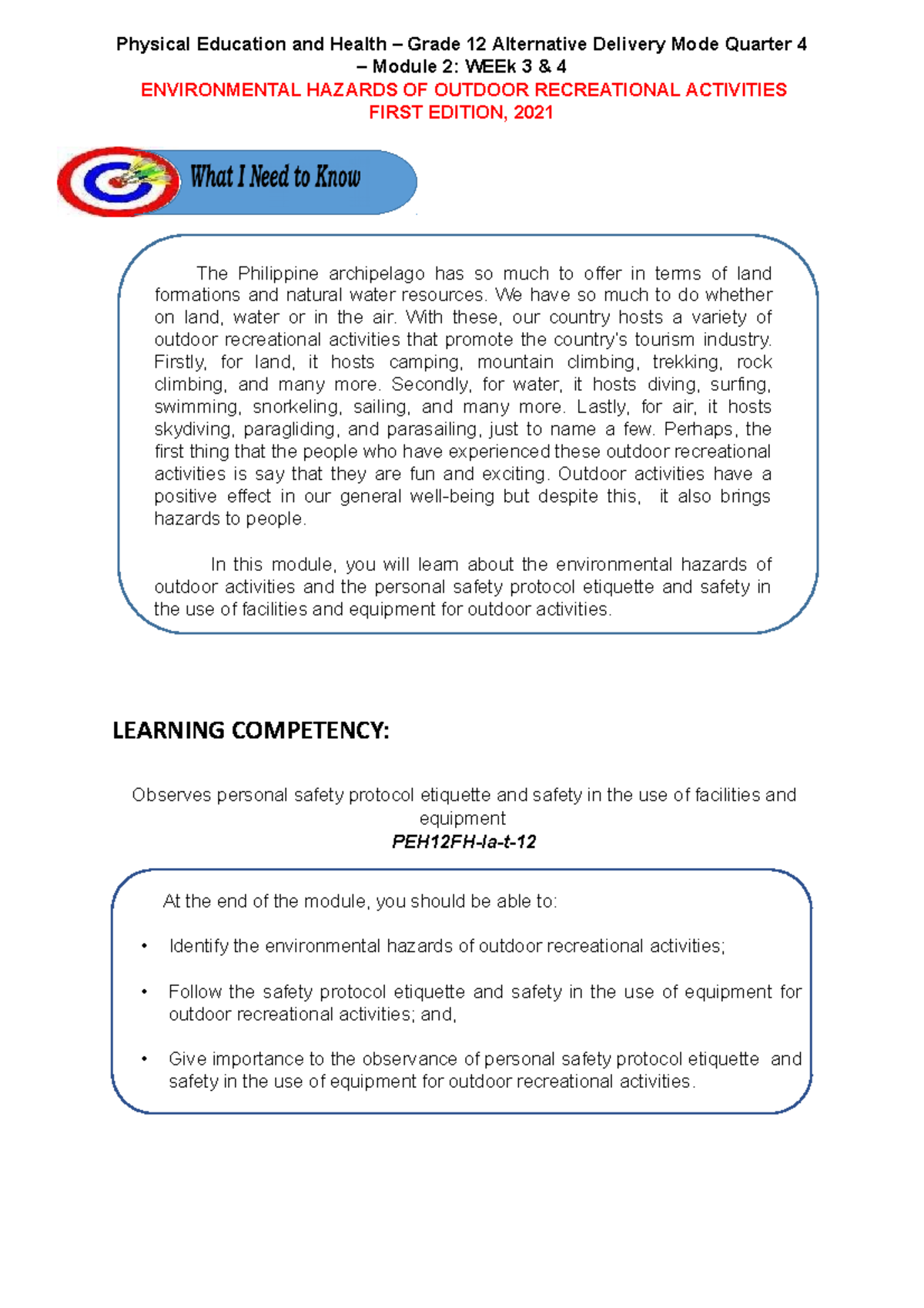 PE & Health 12 Q4 Mod 4B: Environmental Hazards in Outdoor Activities ...