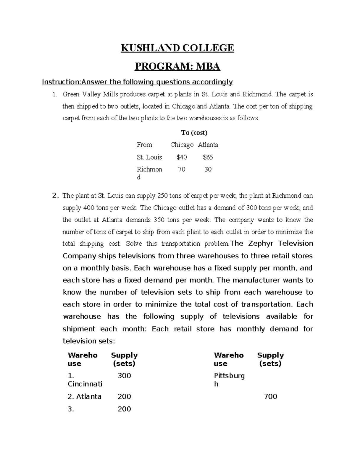 MBA Q-Analysis Assignment: Transportation & Linear Programming - Studocu