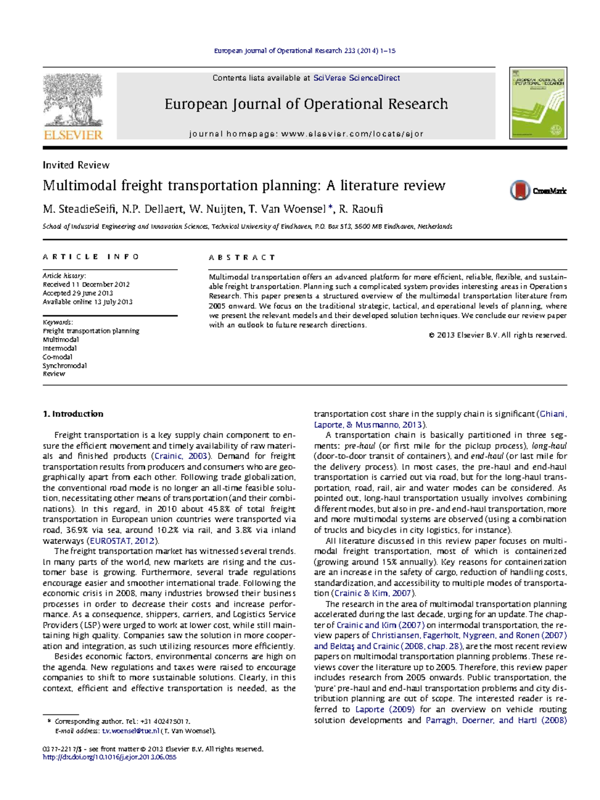 Multimodal Freight Transportation Planning: A Comprehensive Review (OR ...