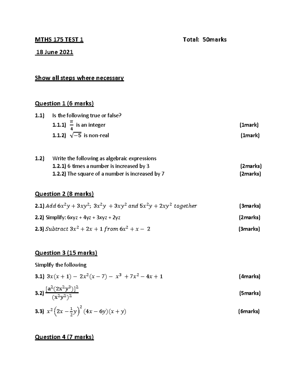 MTHS 175 TEST 1 Autosaved -1 - MTHS 175 TEST 1 Total: 50marks 18 June ...