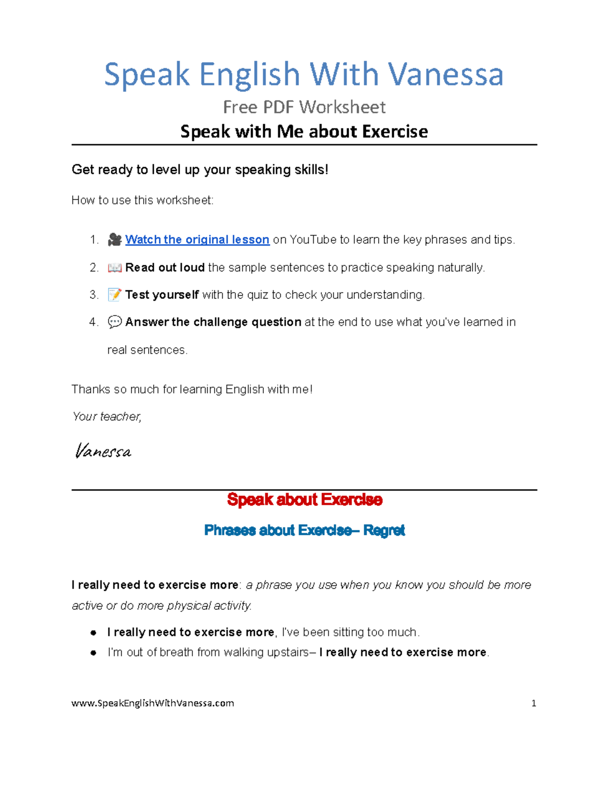 Speak English with Vanessa: Exercise Phrases Worksheet - Studocu
