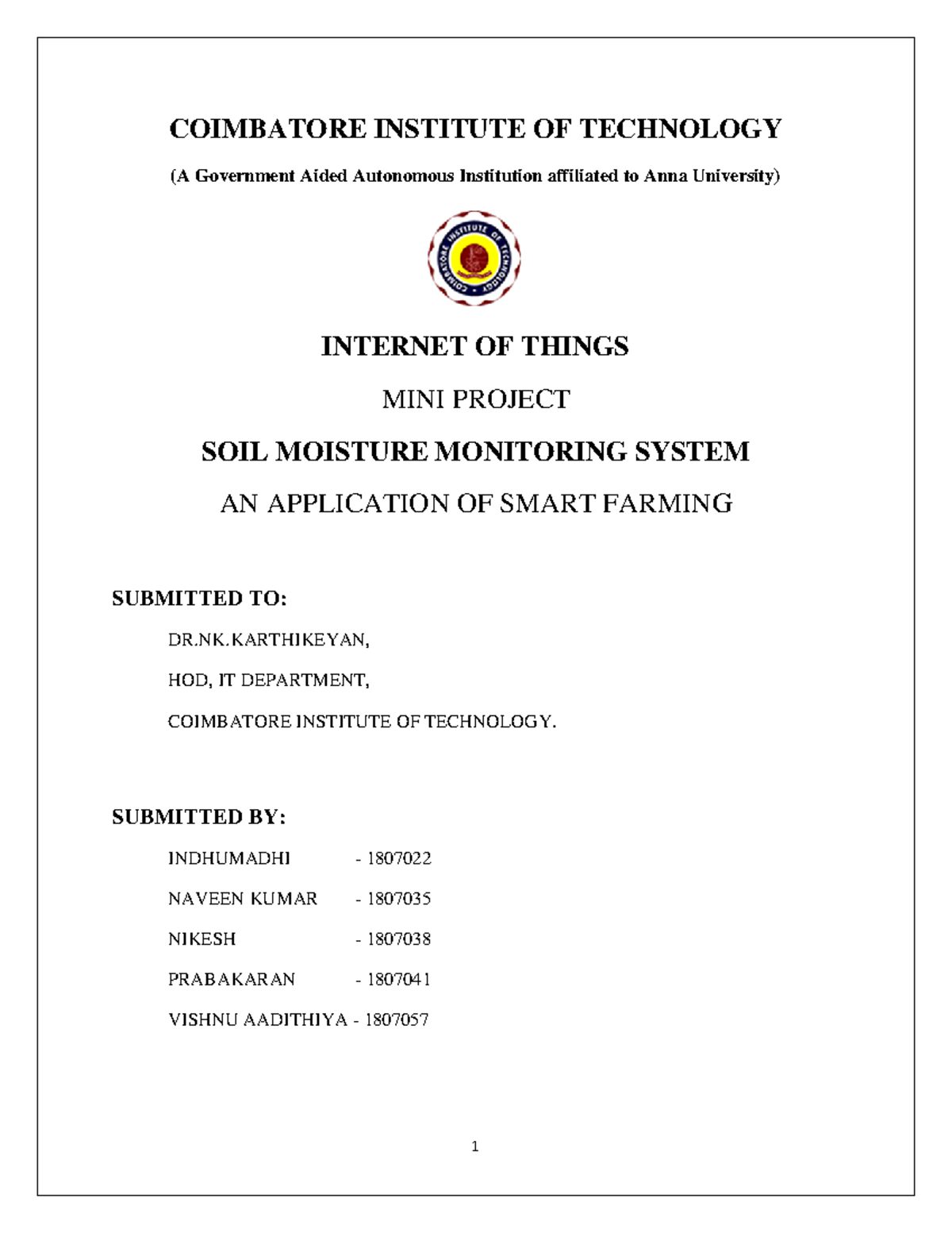 491927947 Iot Mini Project Main - COIMBATORE INSTITUTE OF TECHNOLOGY (A Government Aided ...