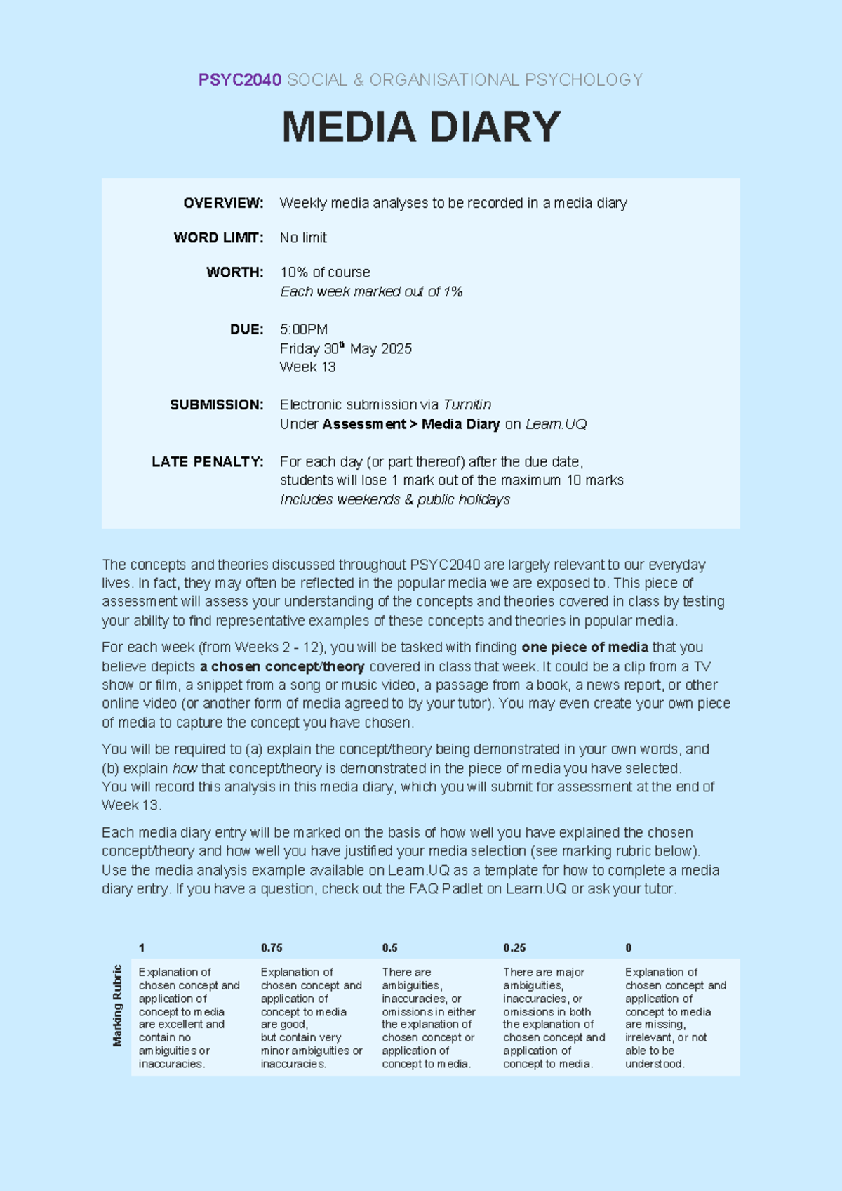 PSYC2040 MEDIA DIARY ASSIGNMENT: Weekly Analysis of Concepts - Studocu