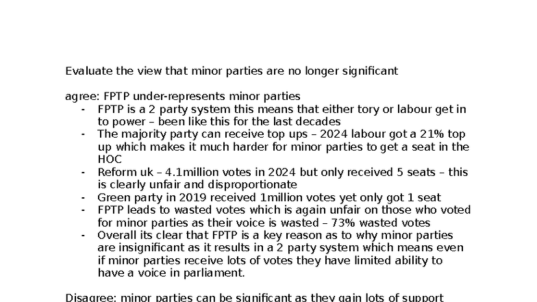 Evaluate the Significance of Minor Parties in FPTP Systems - Studocu