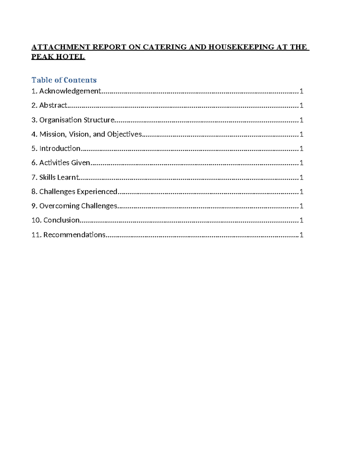 Attachment Report on Catering & Housekeeping at The Peak Hotel - Studocu