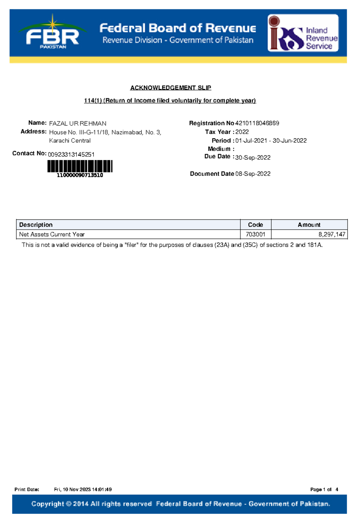 114(1) Income Tax Return Acknowledgement Slip for FY 2022 - Studocu