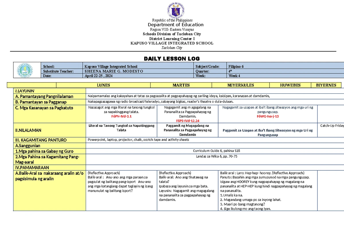DLL GRADE 4 WEEK 6 MATH Lesson Log Quarter 2 - Studocu
