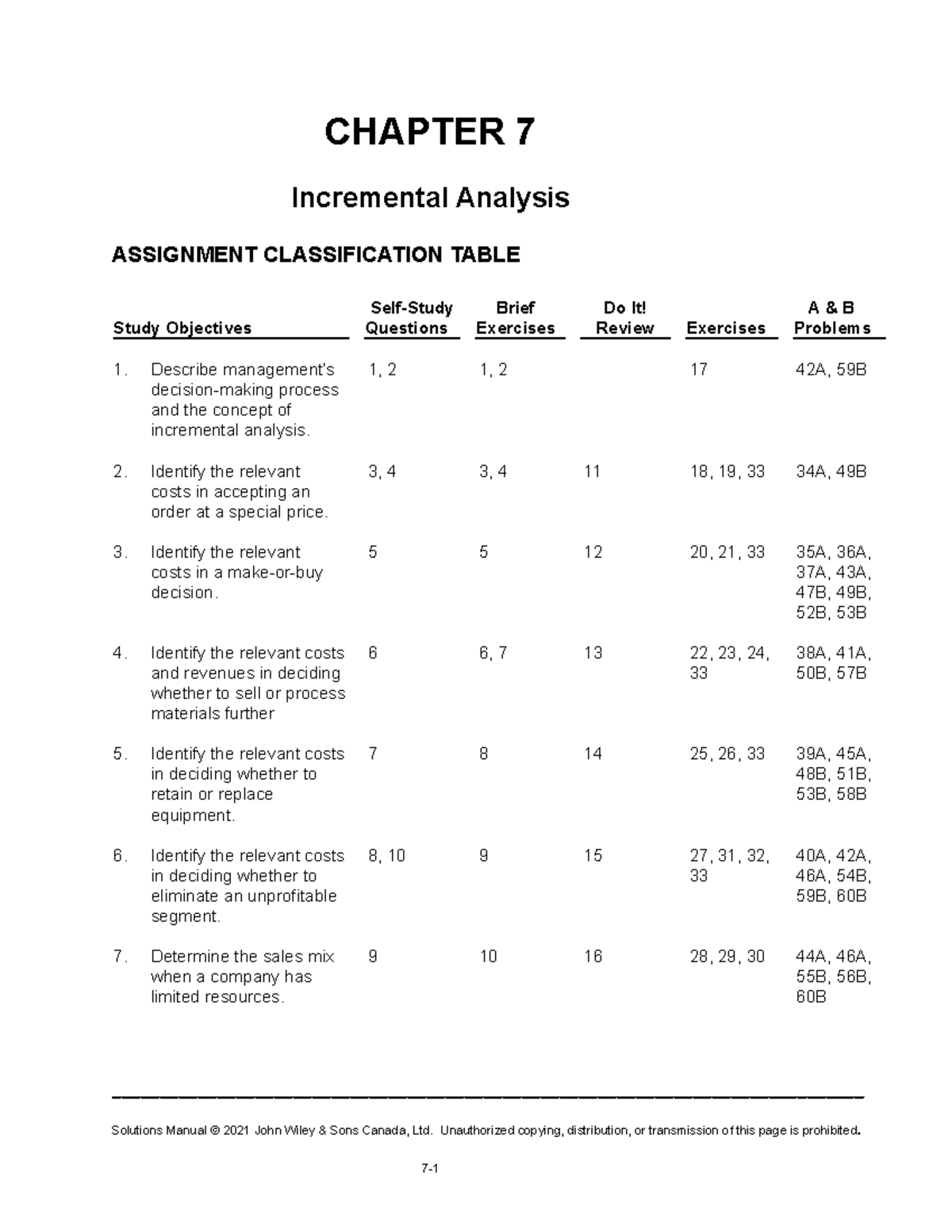 Ch07 - answers - CHAPTER 7 Incremental Analysis ASSIGNMENT CLASSIFICATION TABLE Study Objectives ...