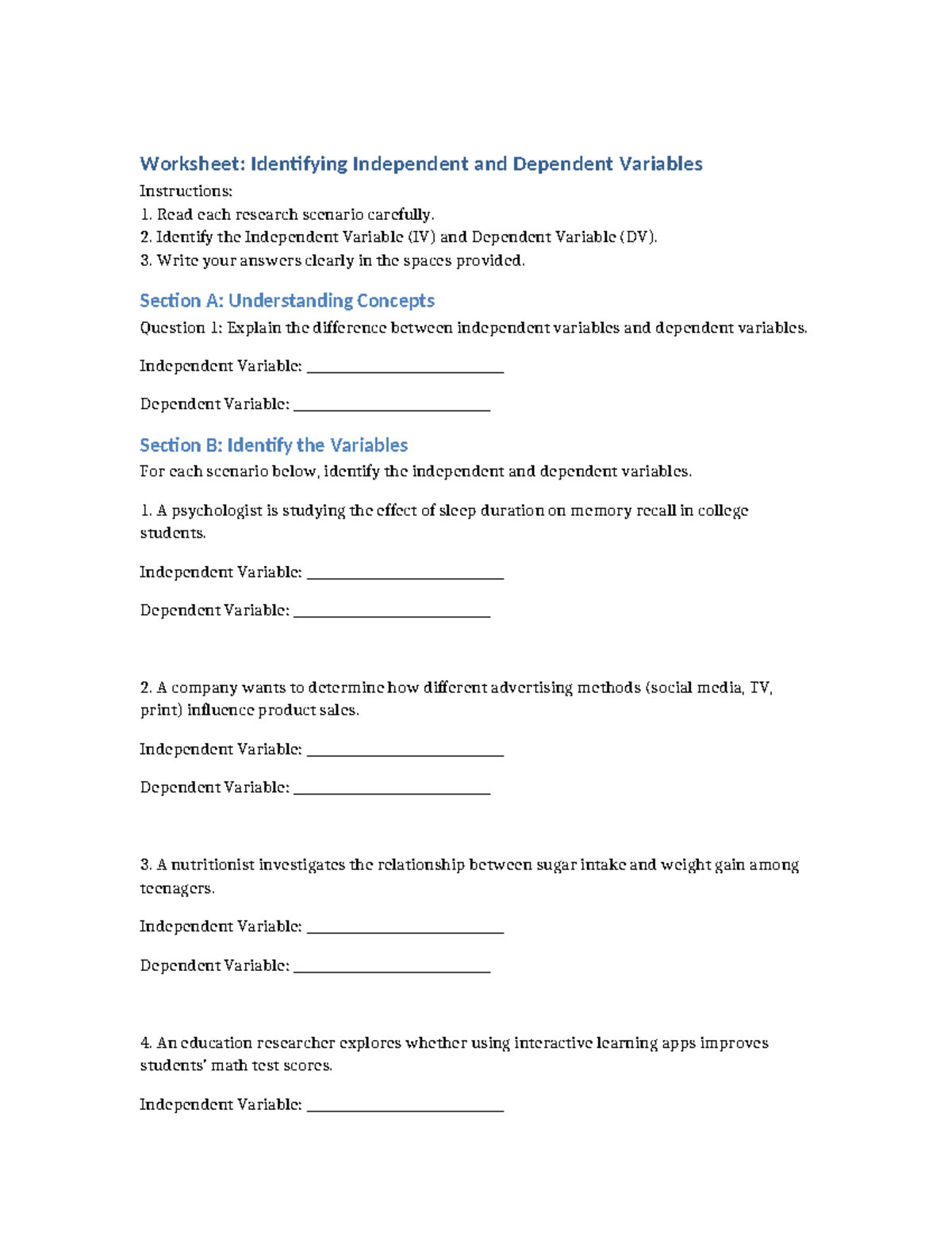 Worksheet: Identifying IVs and DVs in Research Scenarios - Studocu