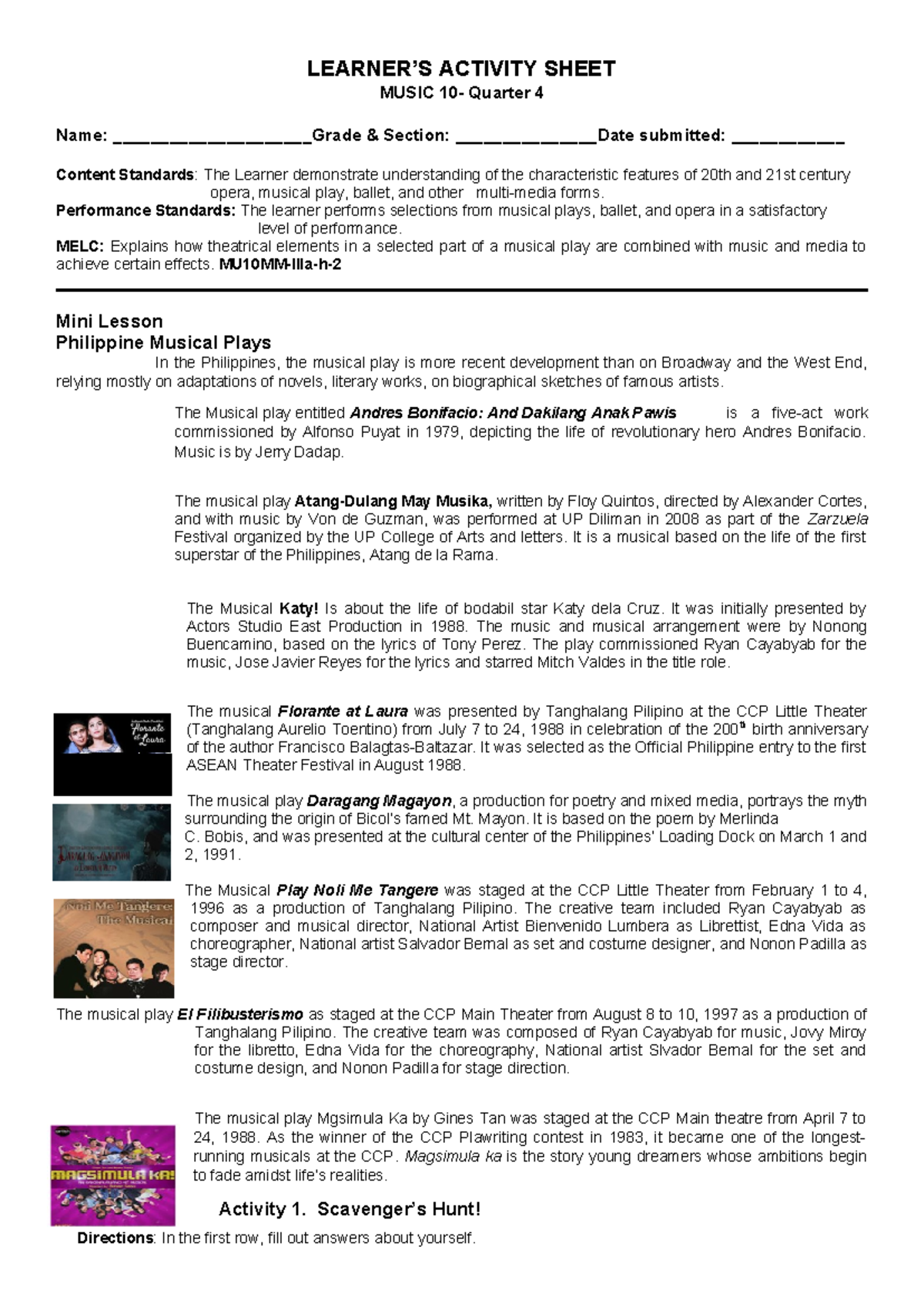 LAS-Music 10 Q4 - Learner's Activity Sheet on Philippine Musical Plays ...