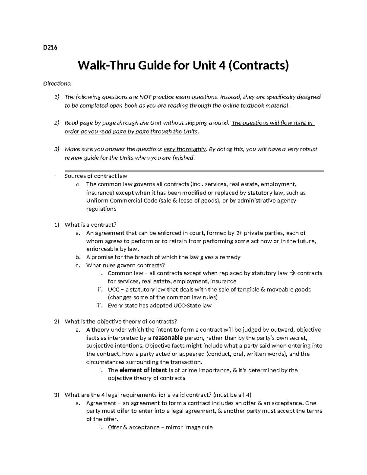 D216 Unit 4 Comprehensive Guide on Contracts (Completed) - Studocu