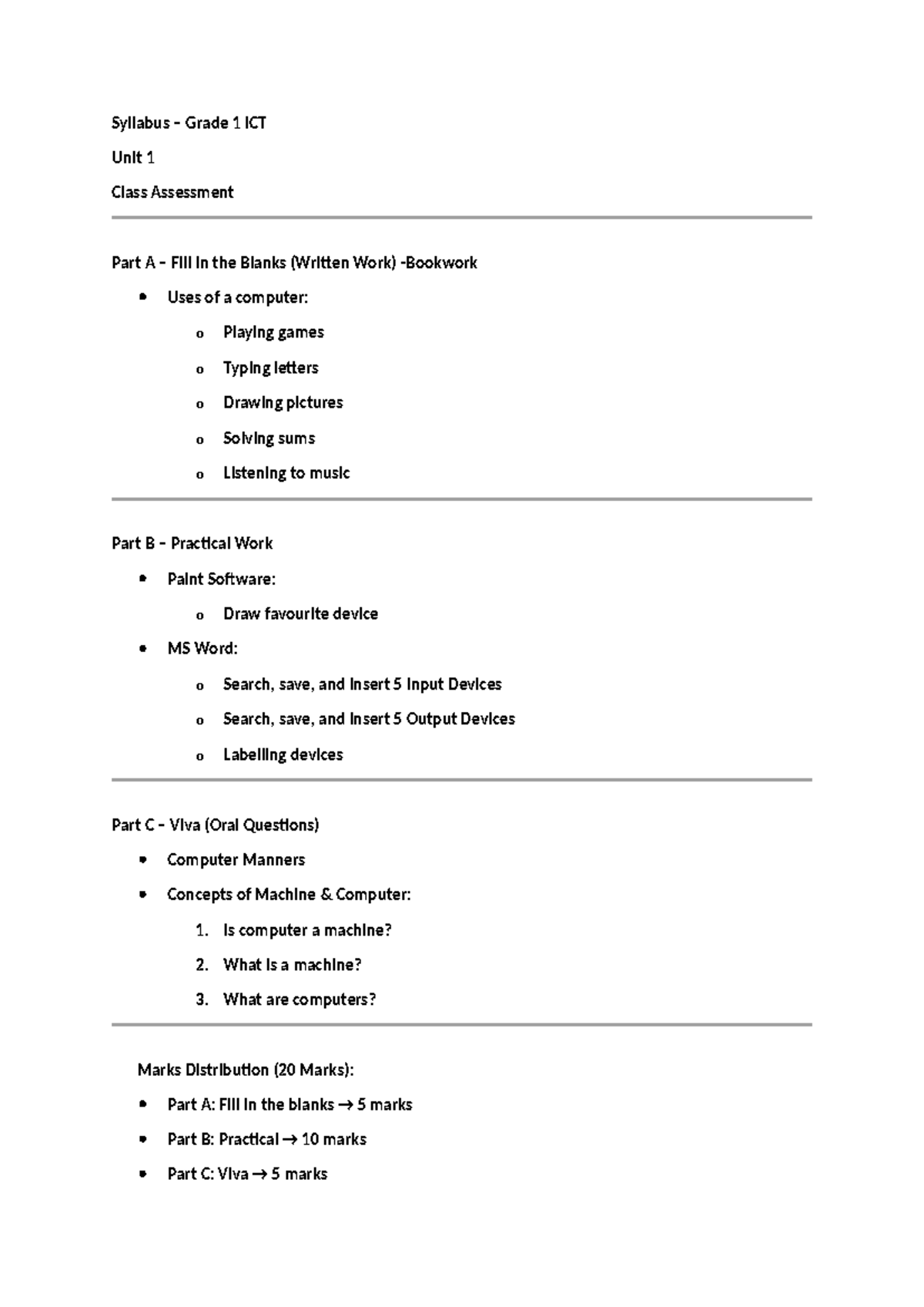 Grade 1 ICT Unit 1 Class Assessment Syllabus (Fill in the Blanks) - Studocu