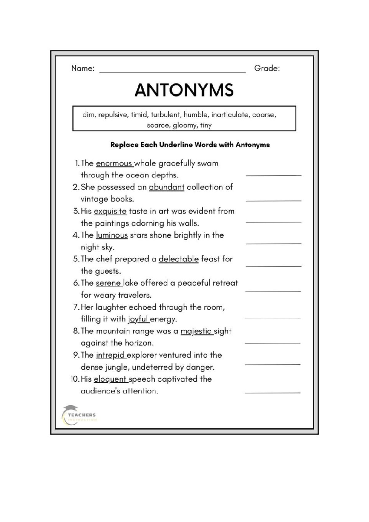Antonyms Worksheet - Introductory Activity (Grade: TEACHERS INSTRUCTION ...