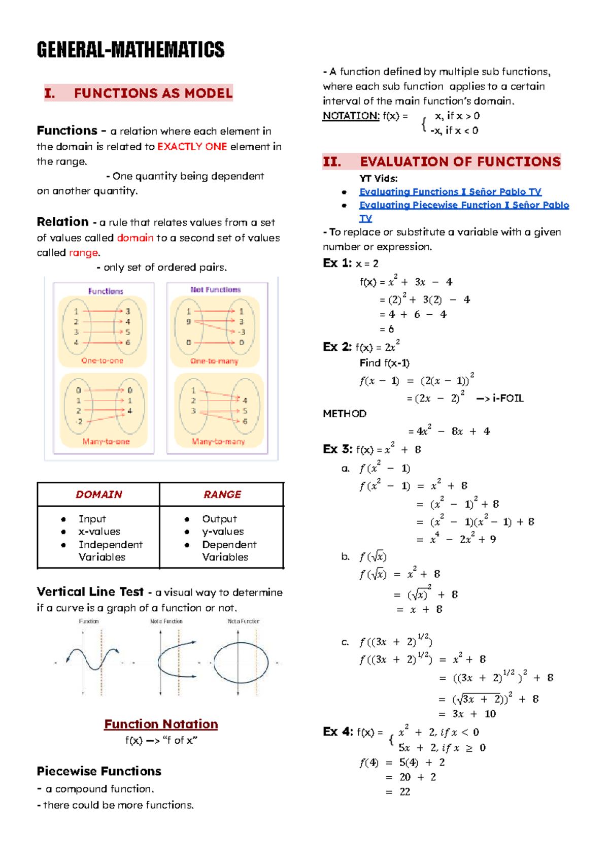 GEN-MATH- Reviewer - I. FUNCTIONS AS MODEL Functions - a relation where each element in the ...