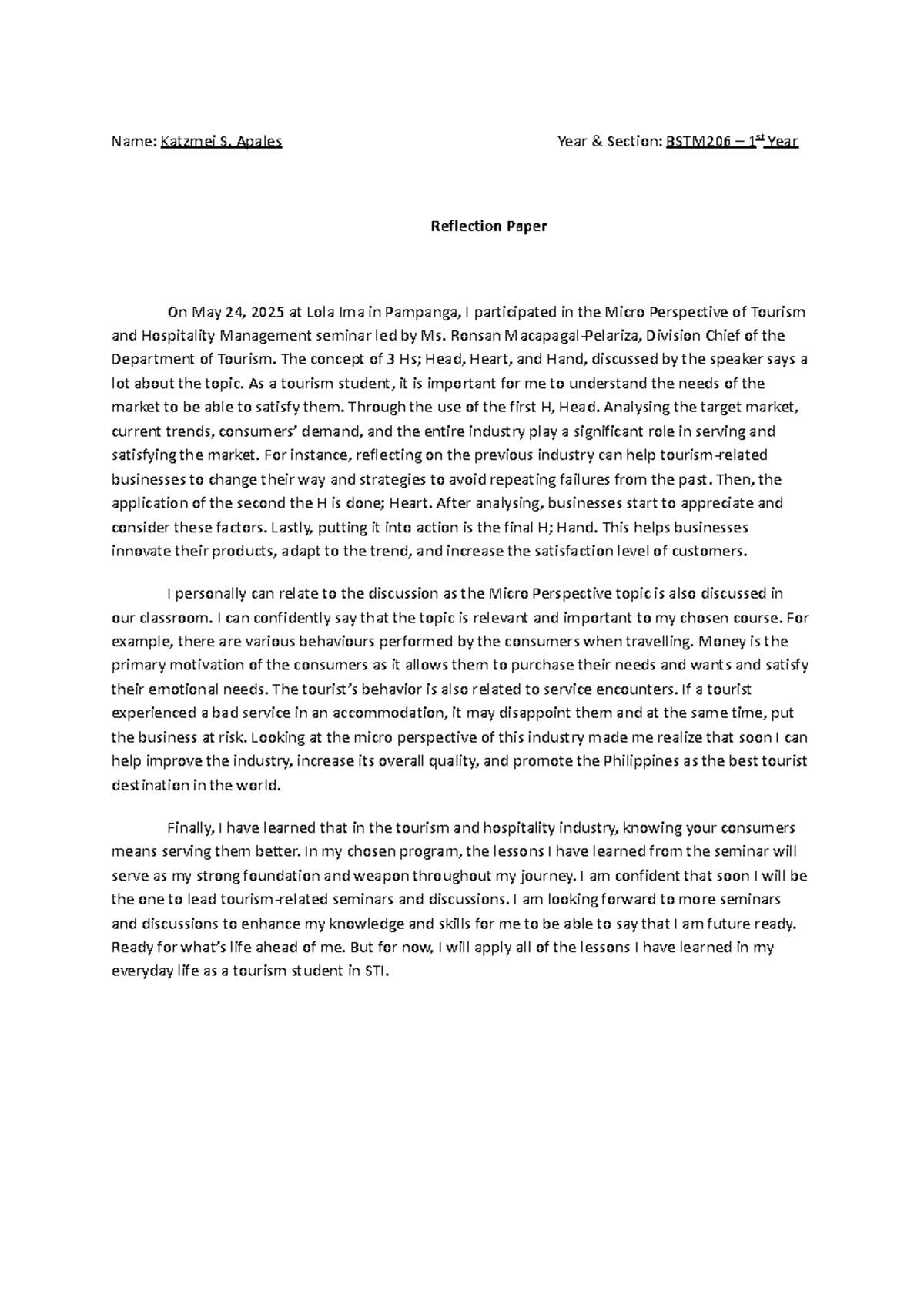 BSTM206 1st Year Reflection Paper on Tourism Seminar Insights - Studocu
