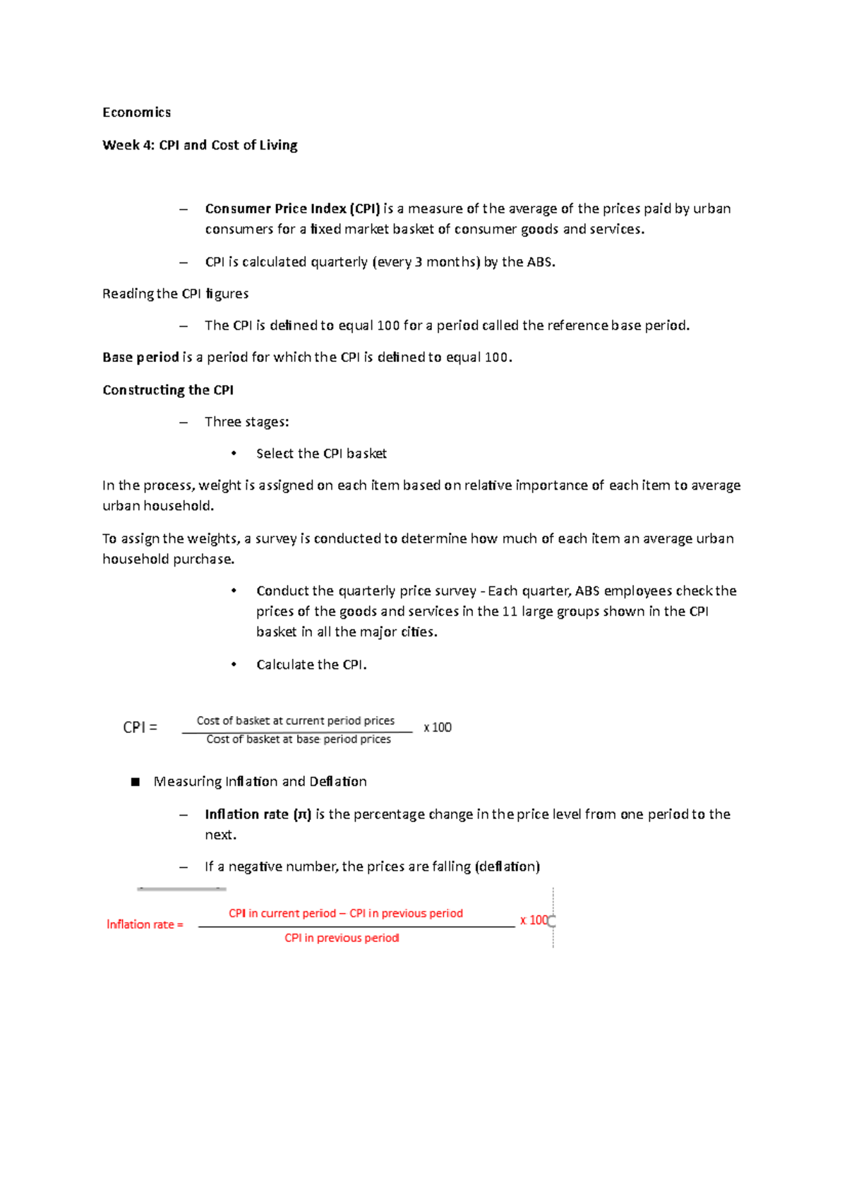 Week 4 Notes - Economics Week 4: CPI and Cost of Living Consumer Price ...