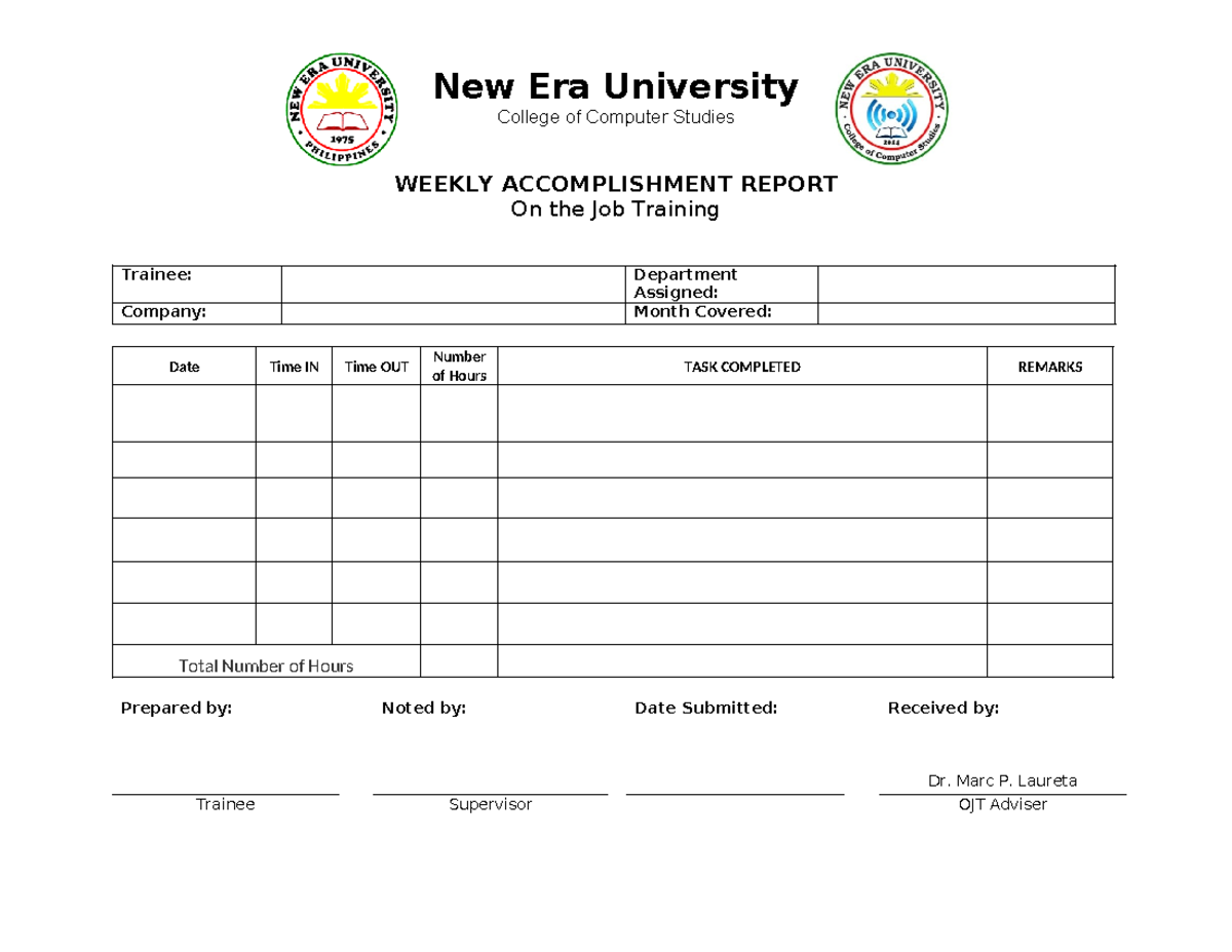 OJT Weekly Accomplishment Report - information technology - New Era ...