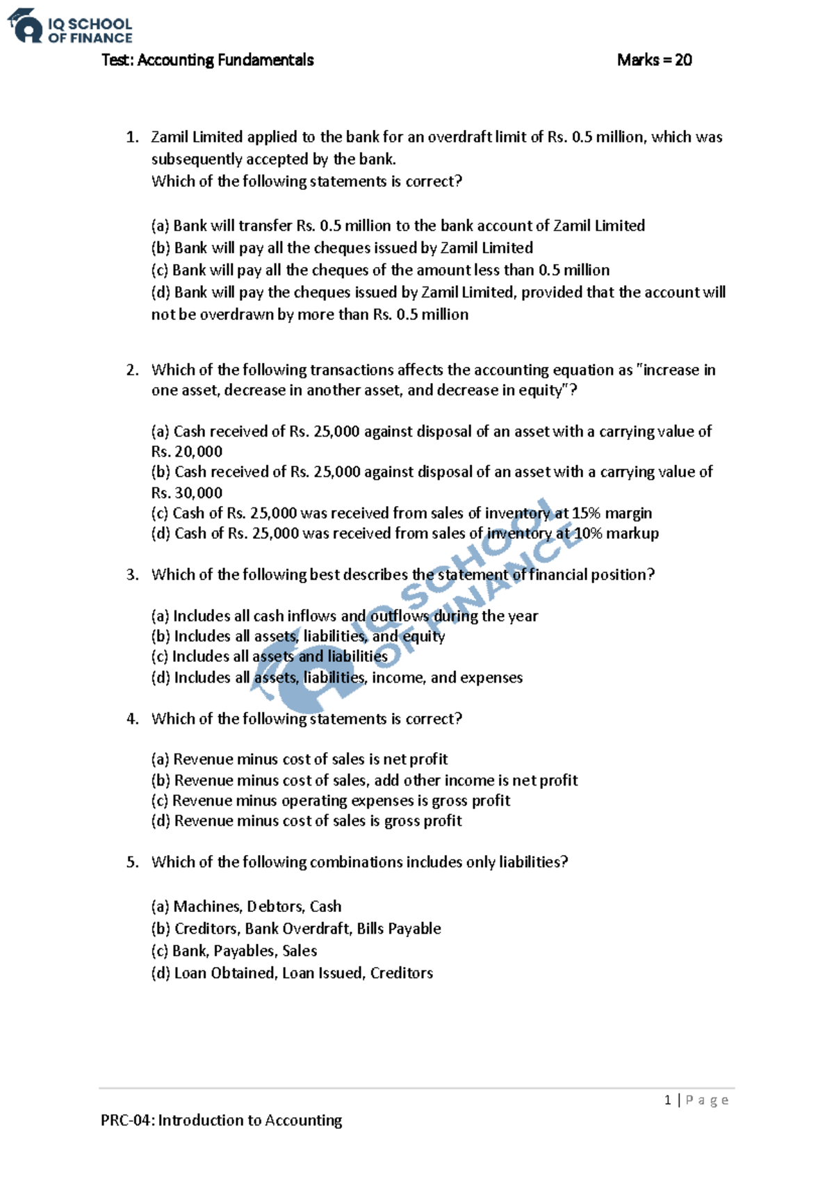 PRC-04 Accounting Fundamentals Test: Key Concepts and Questions - Studocu