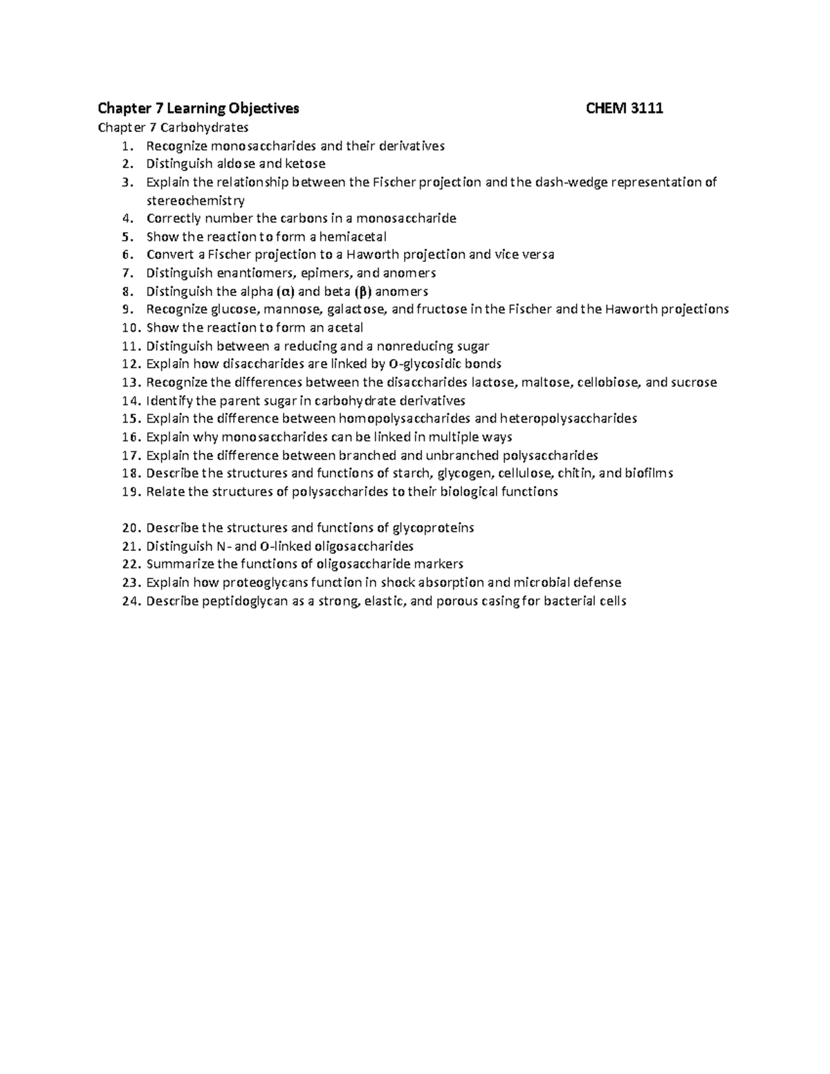 Chapter 7 Learning Objectives: Carbohydrates in CHEM 3111 - Studocu
