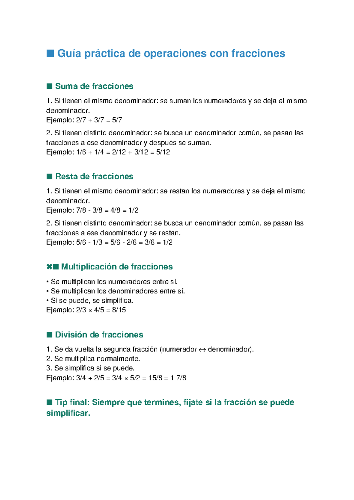 Guía Práctica de Operaciones con Fracciones - Studocu