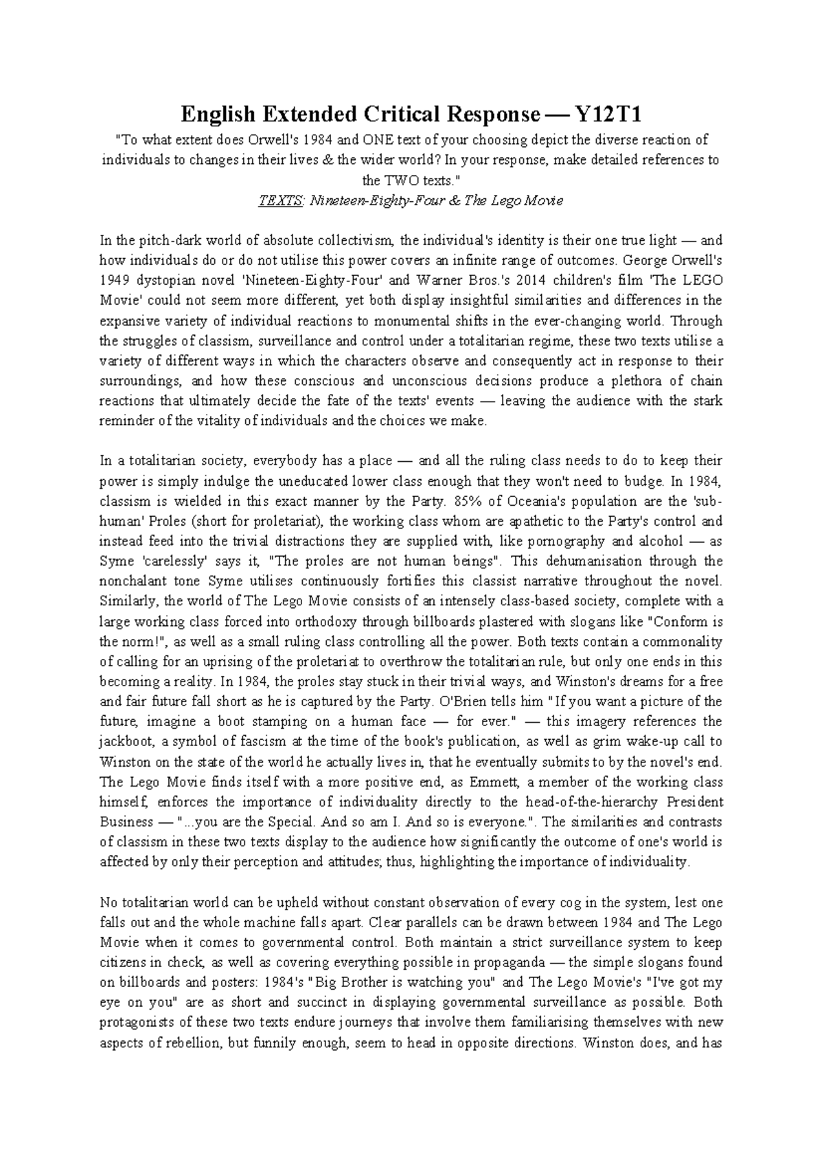 Y12T1 English Comparative Essay: Individual Reactions in 1984 & The ...