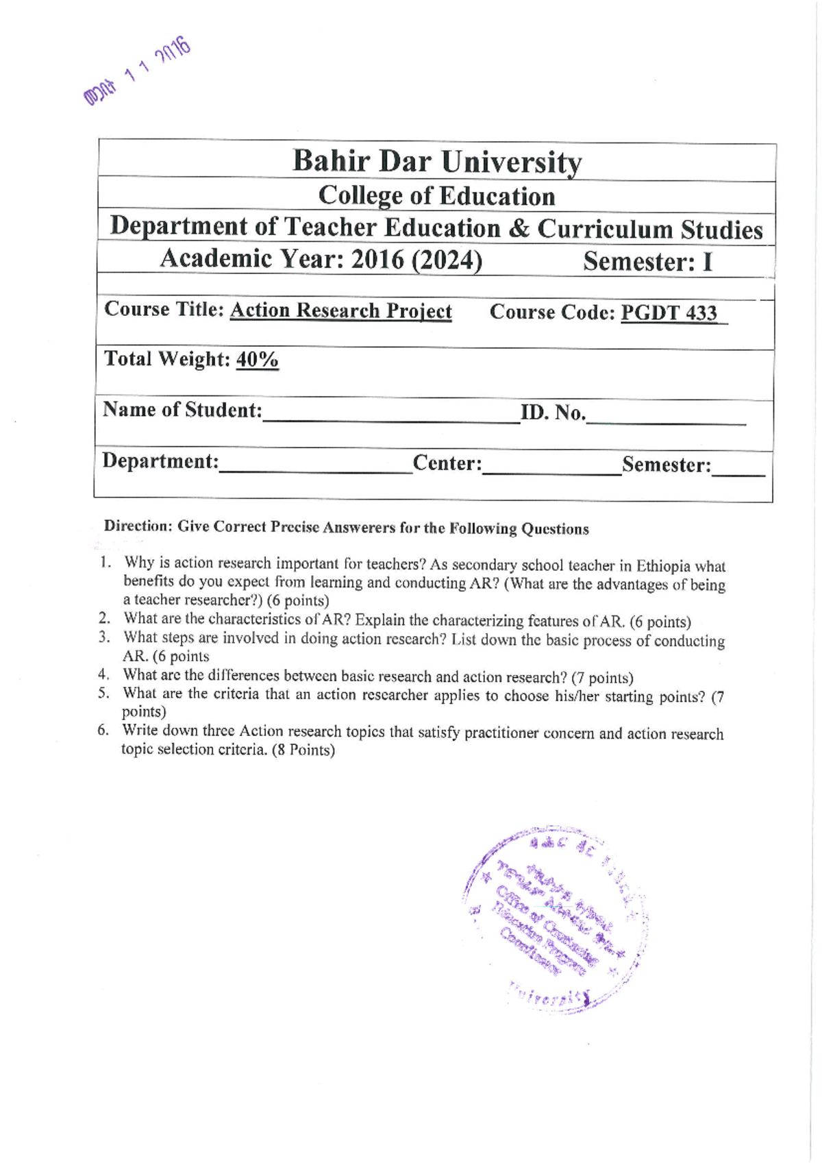 Action Research Assignment Overview - PGDT 433 - Studocu