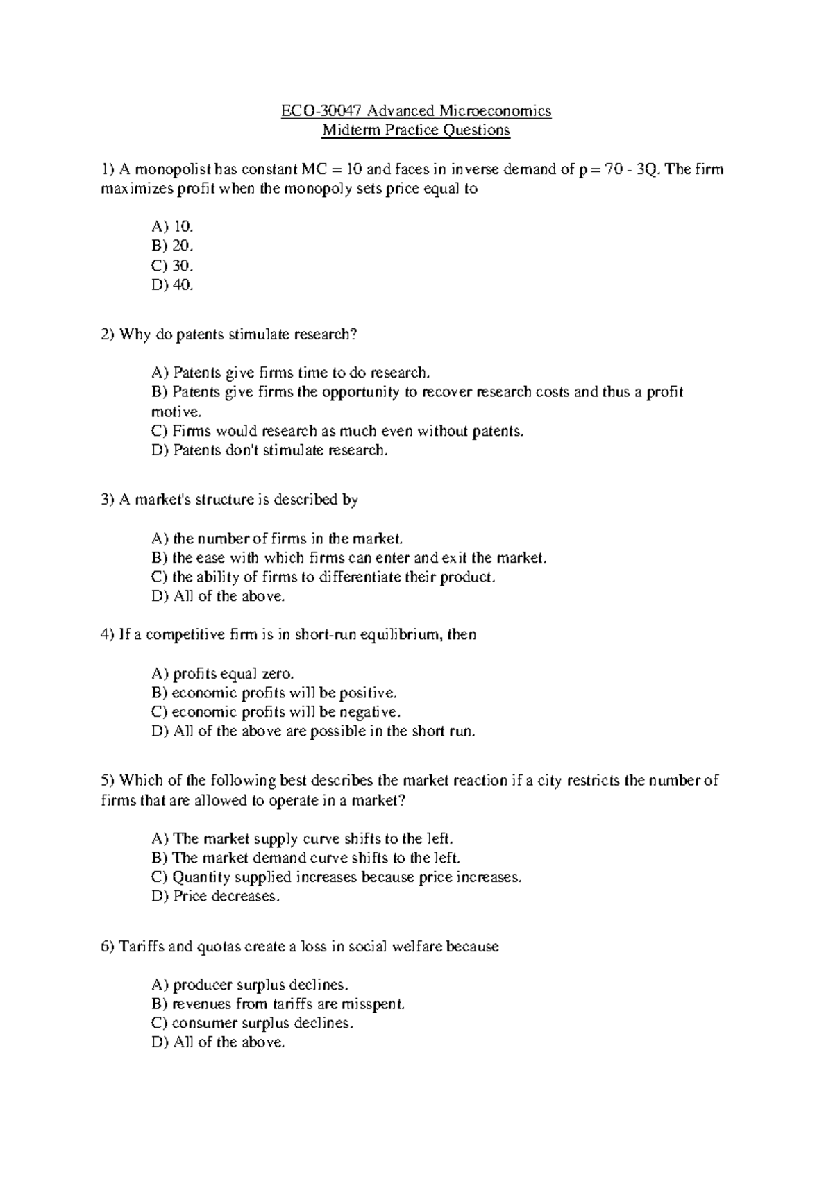 Advanced Microeconomics (ECON 301) Midterm Practice Questions - Studocu