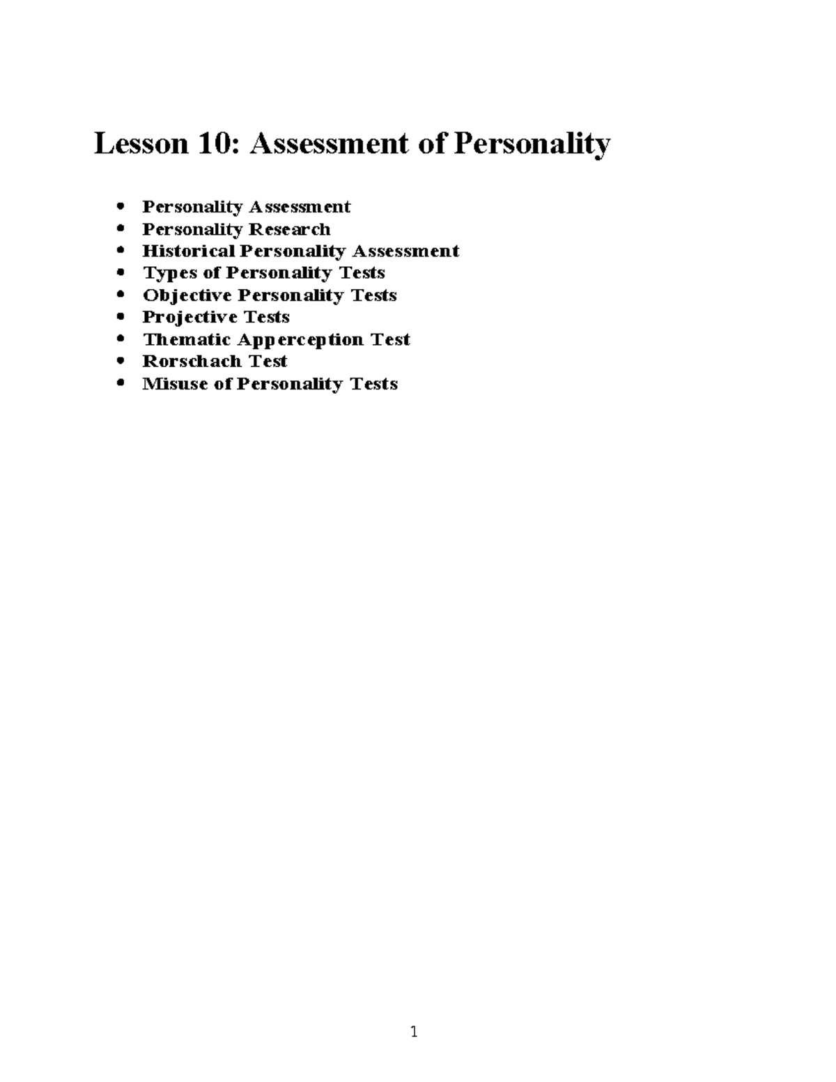 Lesson 10: Personality Assessment Methods and Historical Approaches ...
