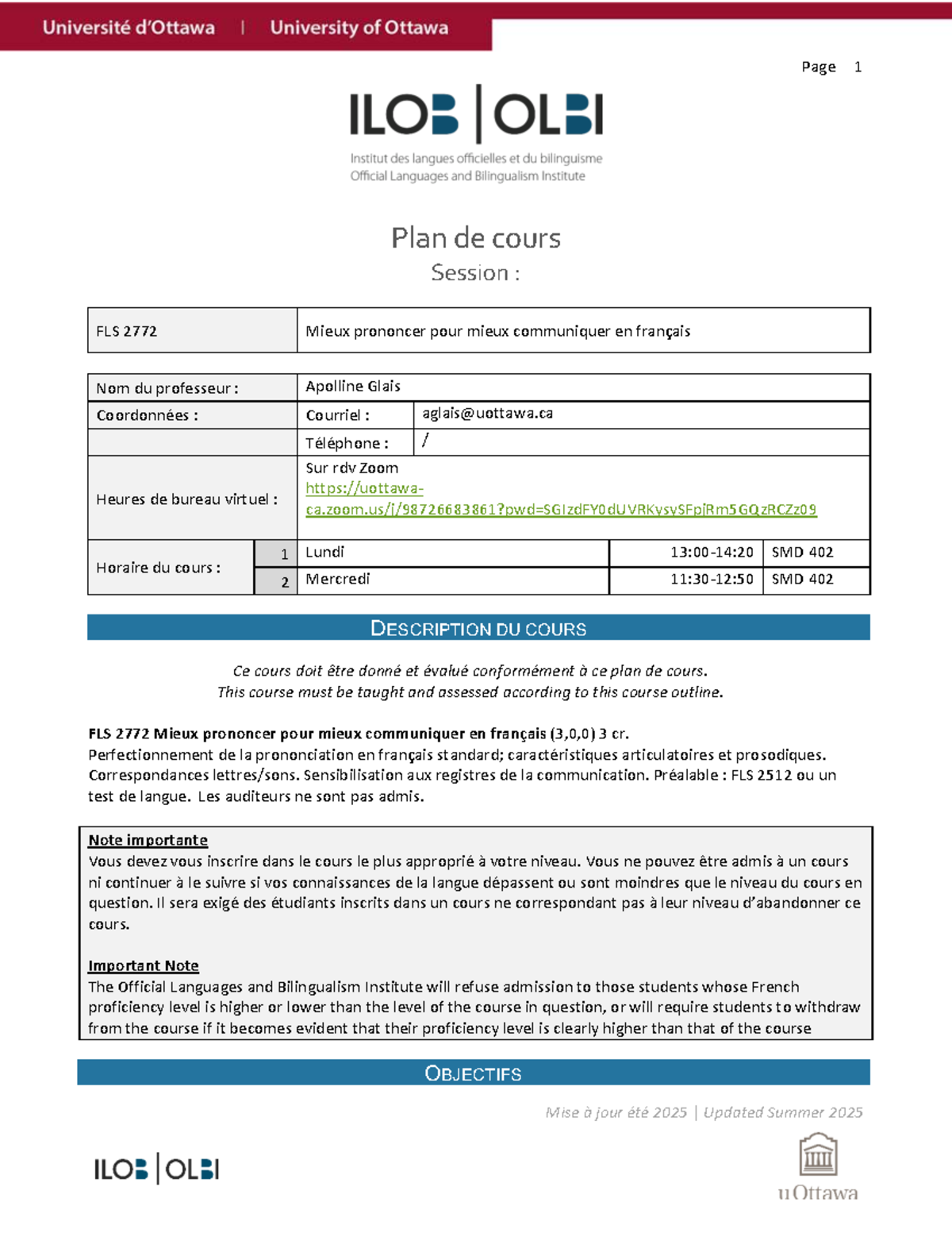 Syllabus - FLS 2772 Mieux Prononcer pour Mieux Communiquer - Studocu