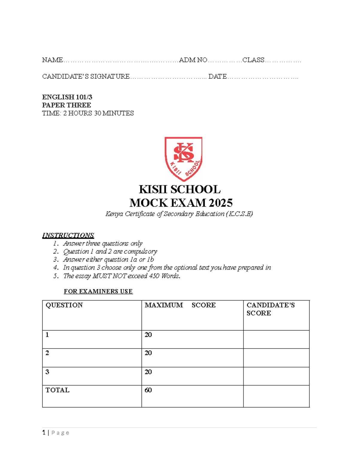 2025 K.C.S.E Kisii School Mock Exam: English Paper 3 - Studocu
