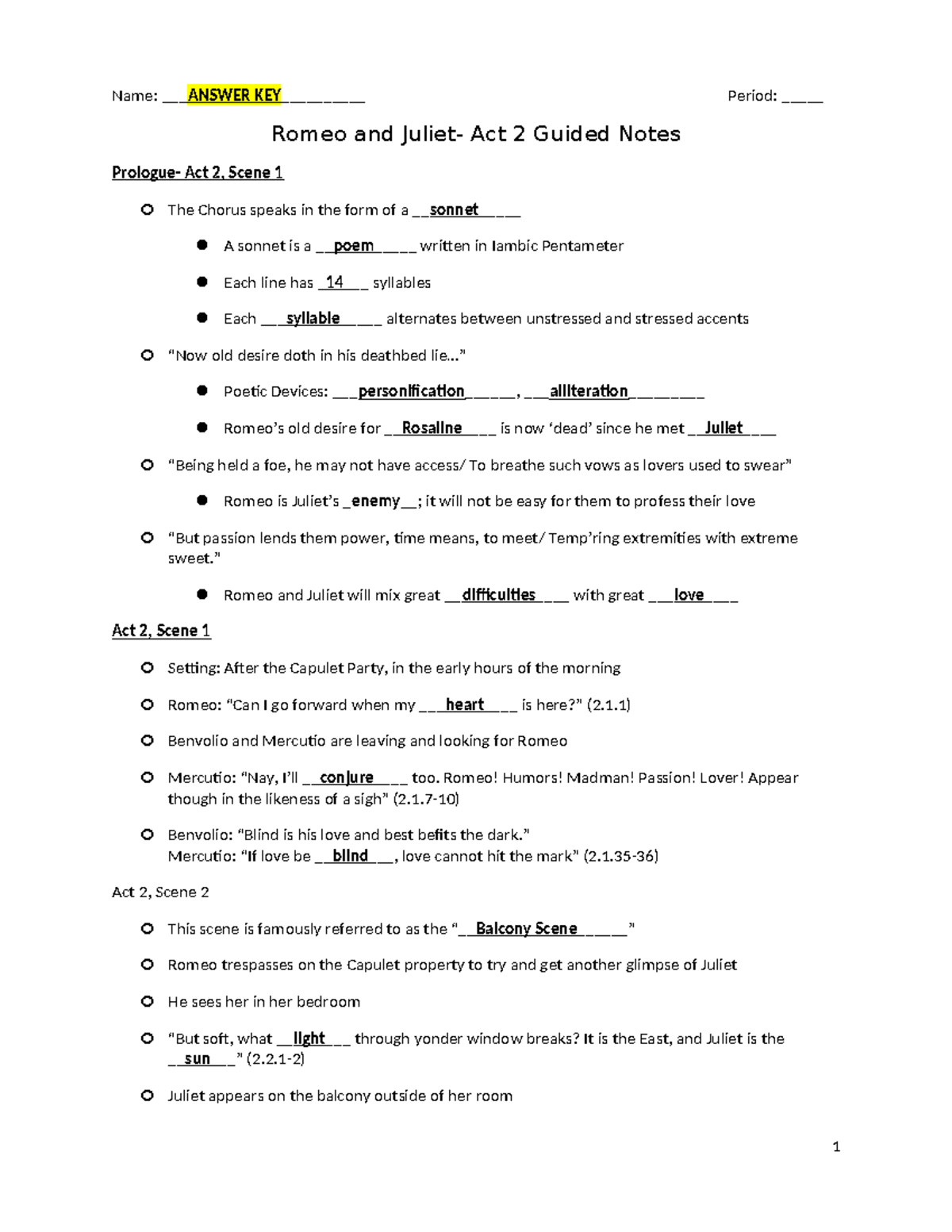 Romeo and Juliet Act 2 Guided Notes Answer Key - Studocu