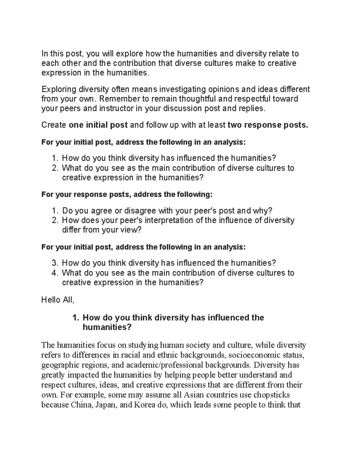 8-1 Discussion Humanities and Diversity - In this post, you will ...