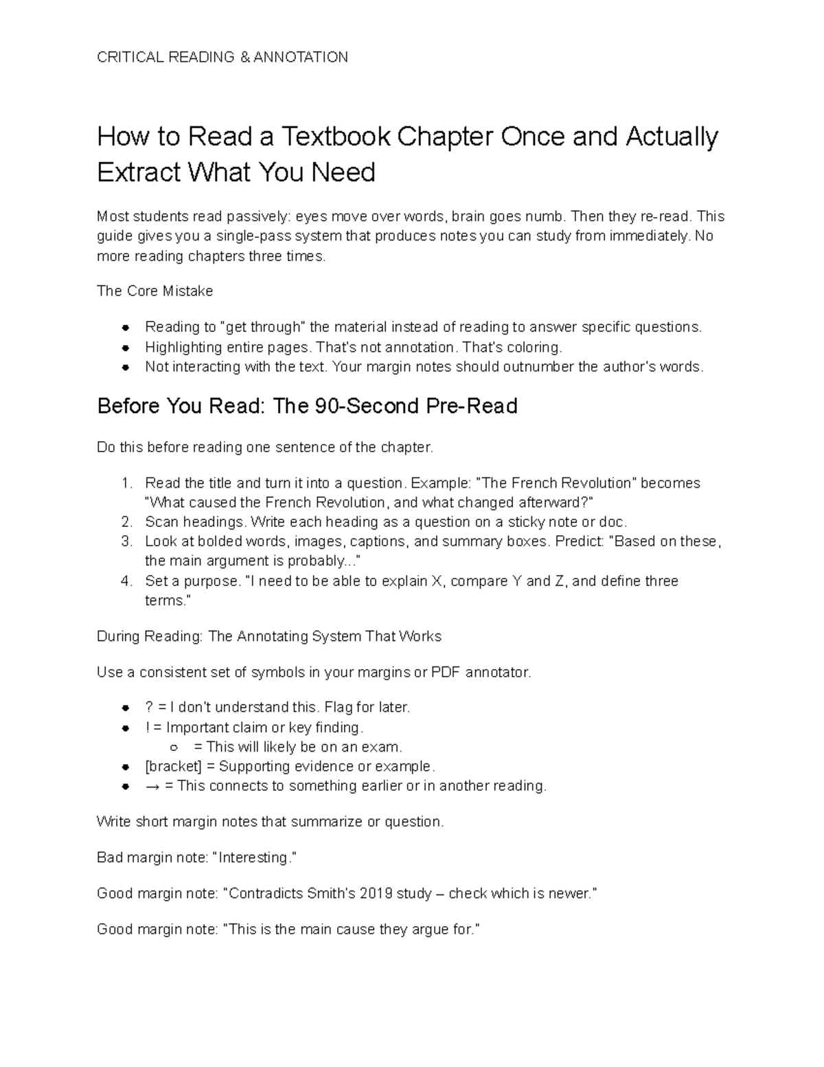 CRITICAL READING ANNOTATION: Effective Strategies for Textbook Mastery ...
