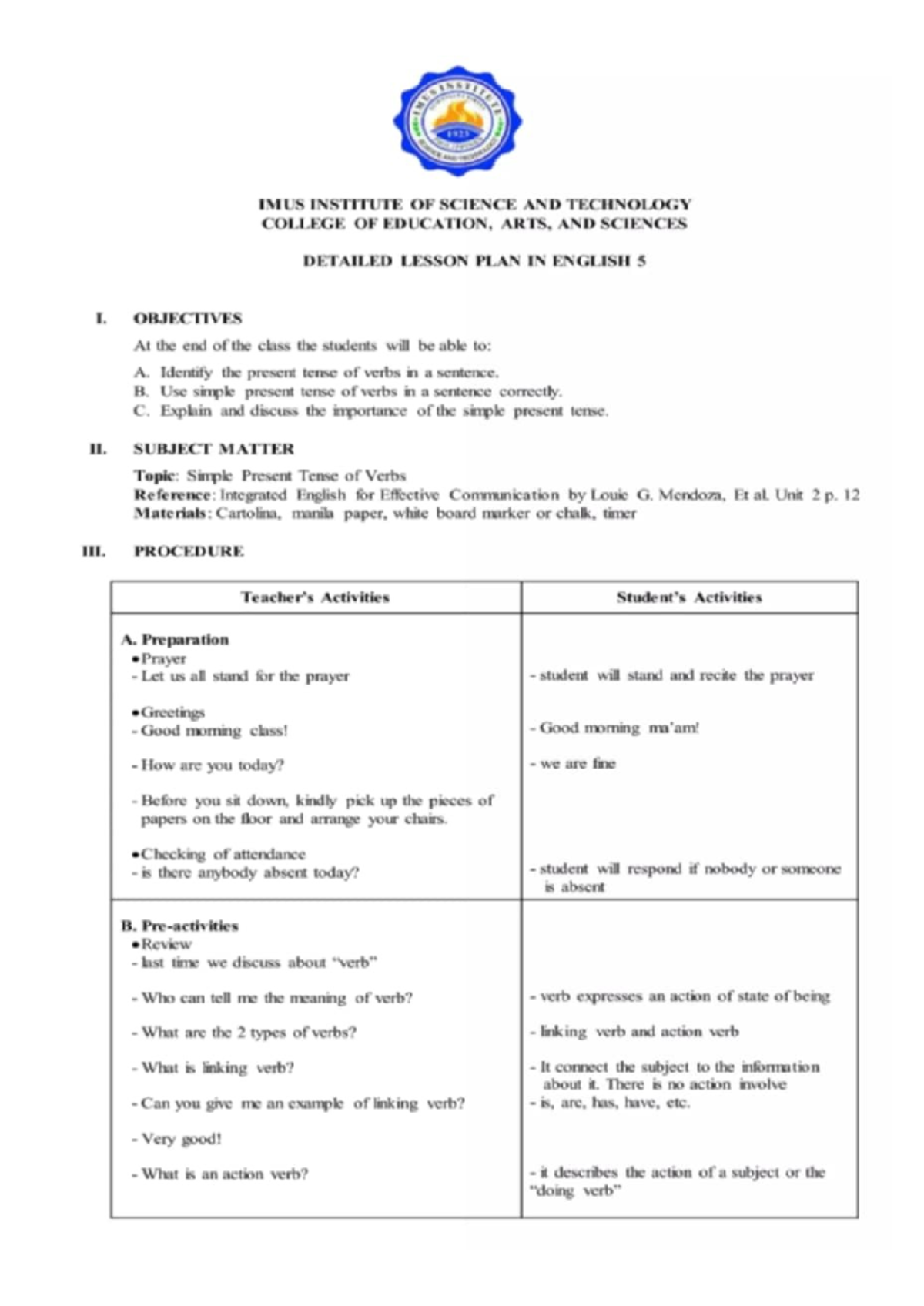 Detailed Lesson Plan in English 5: Simple Present Tense - Studocu