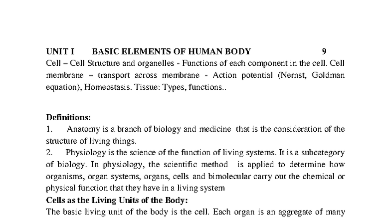 UNIT I: Basic Elements of Human Body - Cell Structure & Functions - Studocu