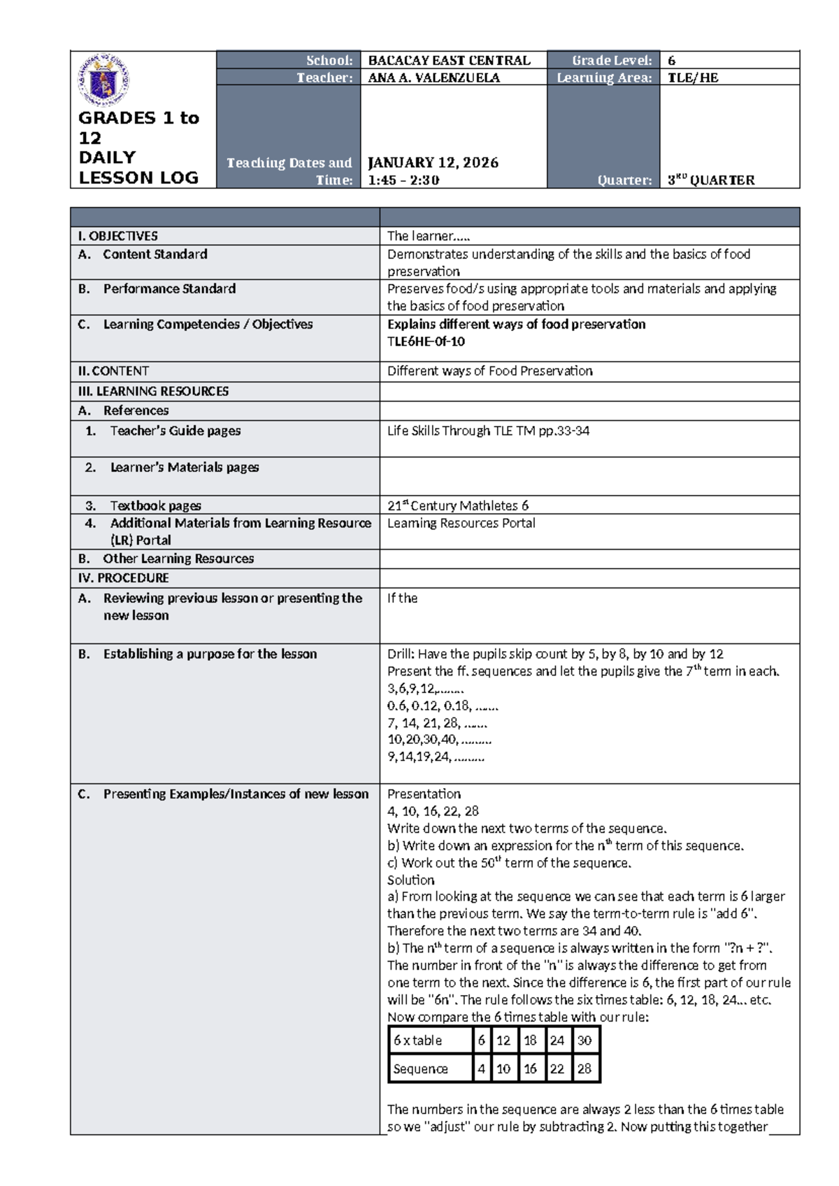 DLL TLE HE 3rd Quarter: Daily Lesson Log for Grades 1-12 - Studocu