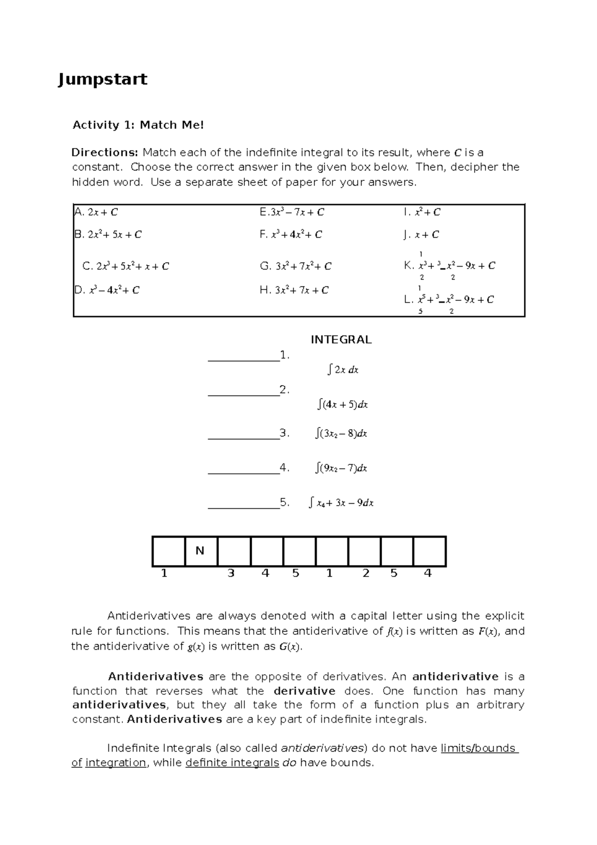 Indefinite Integral Matching Activity: Antiderivatives Explained - Studocu