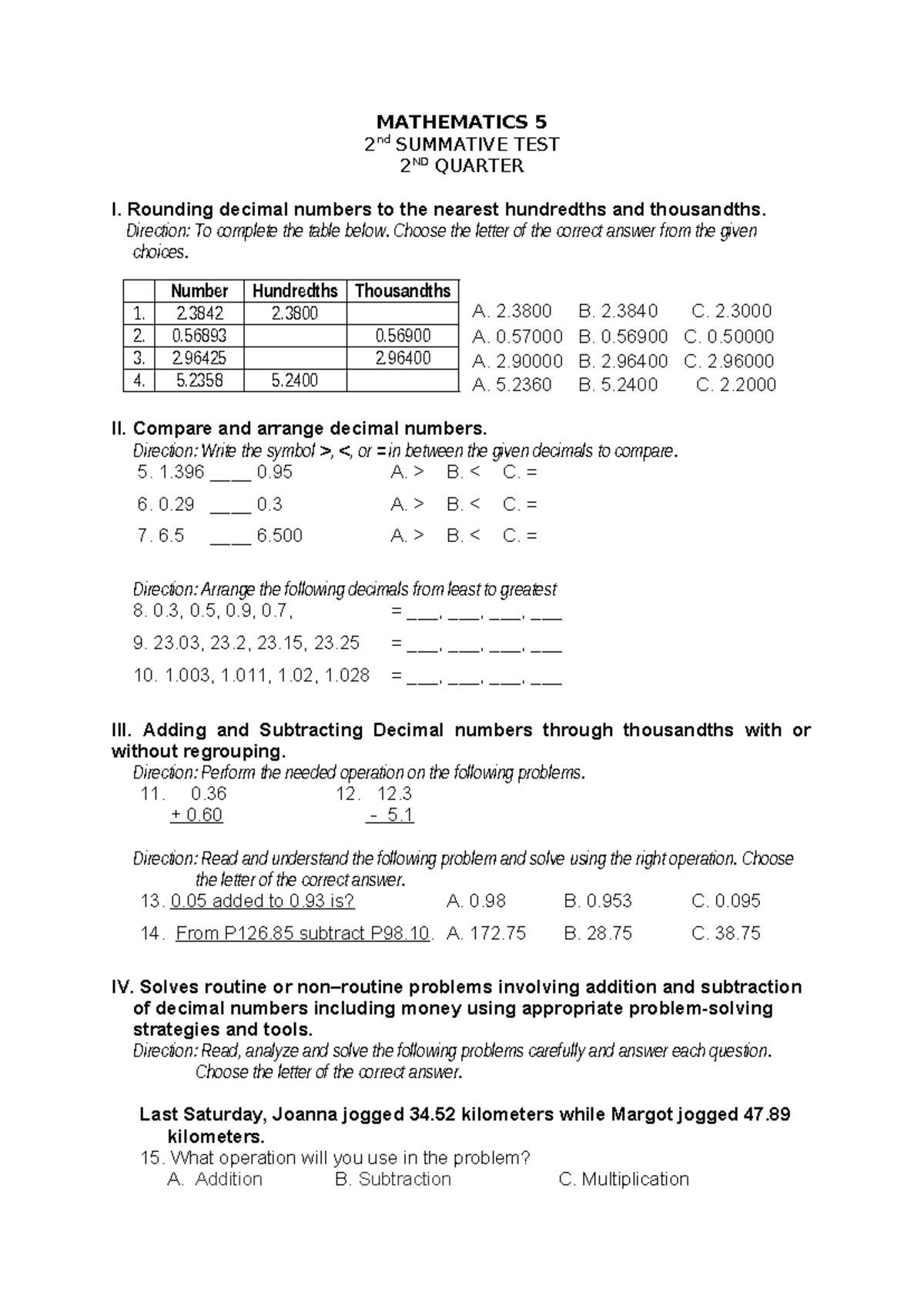 MATH 5 Q2 ST#3 - 2nd Summative Test on Decimals & Operations - Studocu