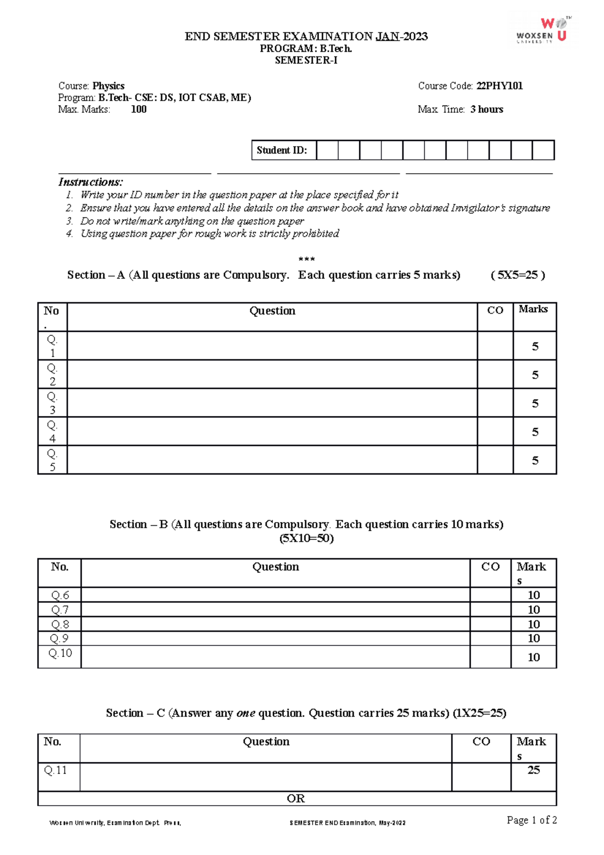 End Semester Exam Model Question Paper for 22PHY101 - Jan 2023 - Studocu