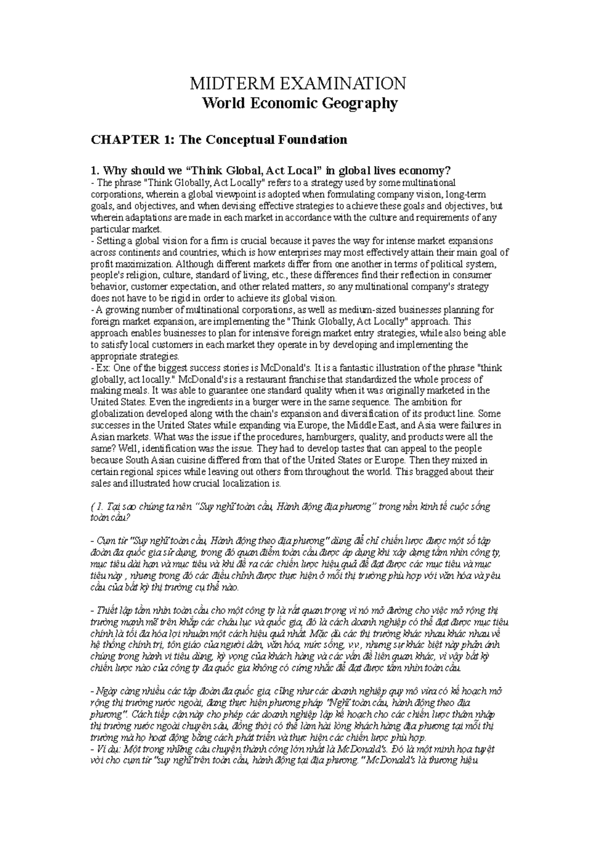 Midterm Exam - World Economic Geography: Key Concepts and Analysis ...